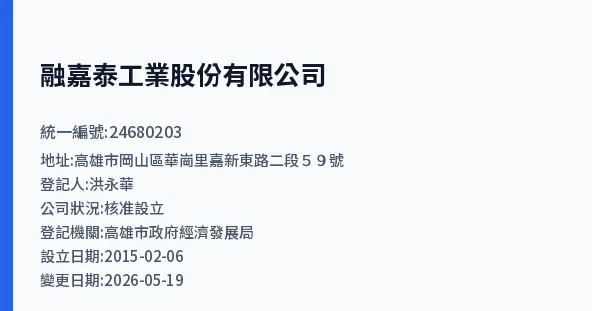 融嘉泰工業股份有限公司的照片-統編 24680203(高雄市) 公司登記資料與營業項目詳細圖表