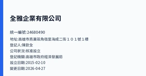 全雅企業有限公司的照片-統編 24680490(高雄市) 公司登記資料與營業項目詳細圖表