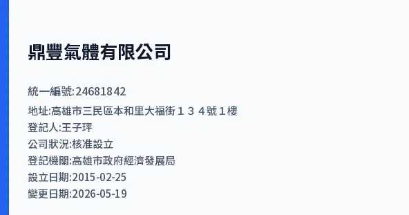 鼎豐氣體有限公司的照片-統編 24681842(高雄市) 公司登記資料與營業項目詳細圖表