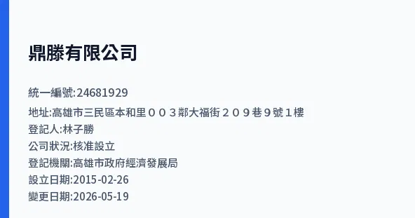 鼎滕有限公司的照片-統編 24681929(高雄市) 公司登記資料與營業項目詳細圖表