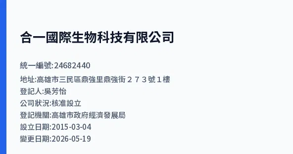 合一國際生物科技有限公司的照片-統編 24682440(高雄市) 公司登記資料與營業項目詳細圖表