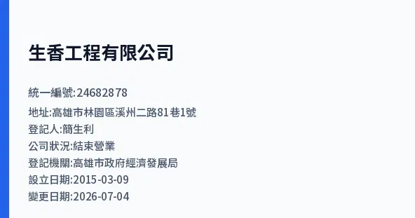 生香工程有限公司的照片-統編 24682878(高雄市) 公司登記資料與營業項目詳細圖表