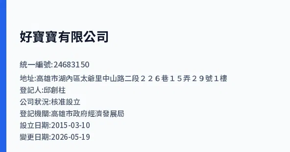 好寶寶有限公司的照片-統編 24683150(高雄市) 公司登記資料與營業項目詳細圖表
