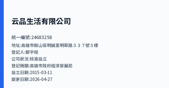 云品生活有限公司的照片-統編 24683258(高雄市) 公司登記資料與營業項目詳細圖表