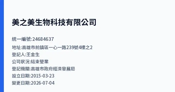 美之美生物科技有限公司的照片-統編 24684637(高雄市) 公司登記資料與營業項目詳細圖表