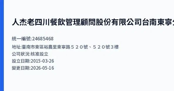 人杰老四川餐飲管理顧問股份有限公司台南東寧分公司的照片-統編 24685468(臺南市) 公司登記資料與營業項目詳細圖表