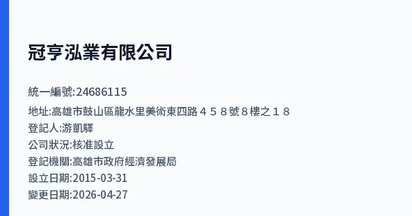 冠亨泓業有限公司的照片-統編 24686115(高雄市) 公司登記資料與營業項目詳細圖表