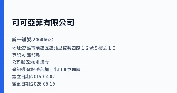 可可亞菲有限公司的照片-統編 24686635(高雄市) 公司登記資料與營業項目詳細圖表