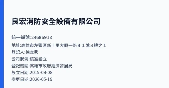 良宏消防安全設備有限公司的照片-統編 24686918(高雄市) 公司登記資料與營業項目詳細圖表