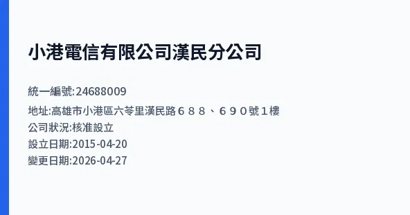 小港電信有限公司漢民分公司的照片-統編 24688009(高雄市) 公司登記資料與營業項目詳細圖表