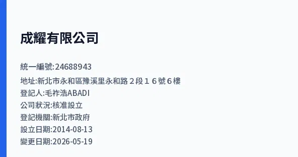 成耀有限公司的照片-統編 24688943(新北市) 公司登記資料與營業項目詳細圖表