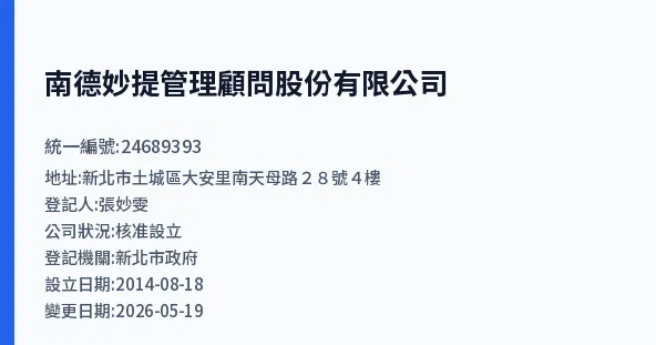 南德妙提管理顧問股份有限公司的照片-統編 24689393(新北市) 公司登記資料與營業項目詳細圖表