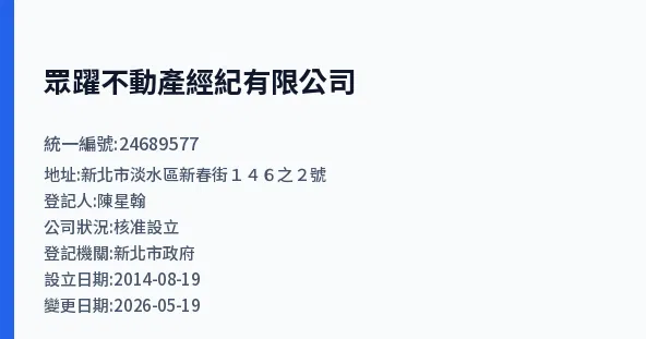 眾躍不動產經紀有限公司的照片-統編 24689577(新北市) 公司登記資料與營業項目詳細圖表