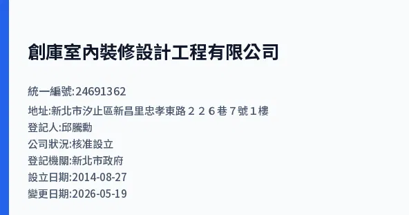 創庫室內裝修設計工程有限公司的照片-統編 24691362(新北市) 公司登記資料與營業項目詳細圖表