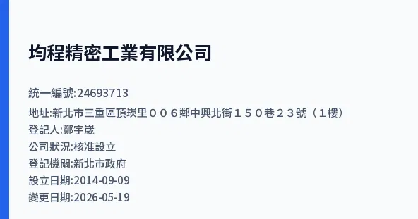 均程精密工業有限公司的照片-統編 24693713(新北市) 公司登記資料與營業項目詳細圖表