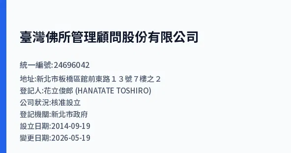 臺灣佛所管理顧問股份有限公司的照片-統編 24696042(新北市) 公司登記資料與營業項目詳細圖表