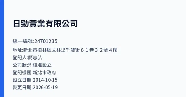 日勁實業有限公司的照片-統編 24701235(新北市) 公司登記資料與營業項目詳細圖表