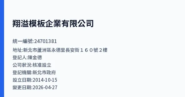翔溢模板企業有限公司的照片-統編 24701381(新北市) 公司登記資料與營業項目詳細圖表