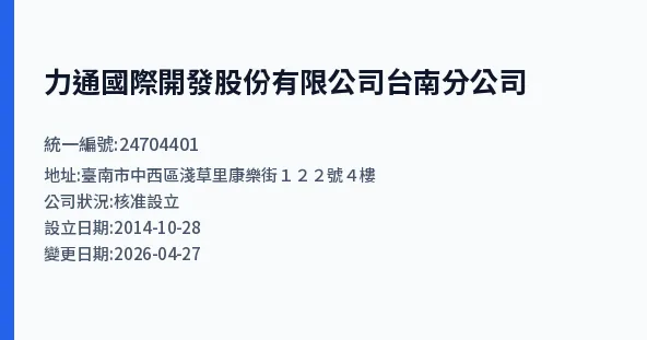 力通國際開發股份有限公司台南分公司的照片-統編 24704401(臺南市) 公司登記資料與營業項目詳細圖表