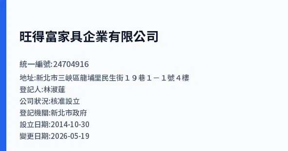 旺得富家具企業有限公司的照片-統編 24704916(新北市) 公司登記資料與營業項目詳細圖表