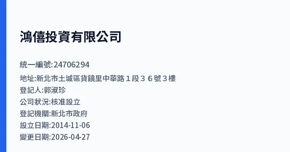 鴻僖投資有限公司的照片-統編 24706294(新北市) 公司登記資料與營業項目詳細圖表