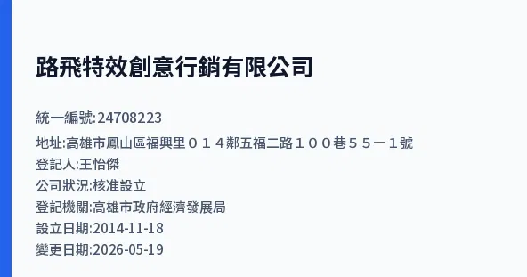 路飛特效創意行銷有限公司的照片-統編 24708223(高雄市) 公司登記資料與營業項目詳細圖表