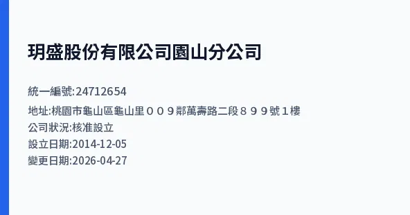 玥盛股份有限公司園山分公司的照片-統編 24712654(桃園市) 公司登記資料與營業項目詳細圖表