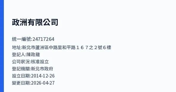 政洲有限公司的照片-統編 24717264(新北市) 公司登記資料與營業項目詳細圖表