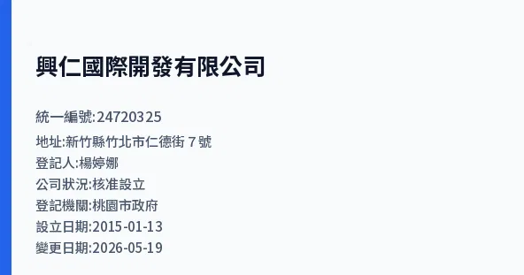 興仁國際開發有限公司的照片-統編 24720325(新竹縣) 公司登記資料與營業項目詳細圖表