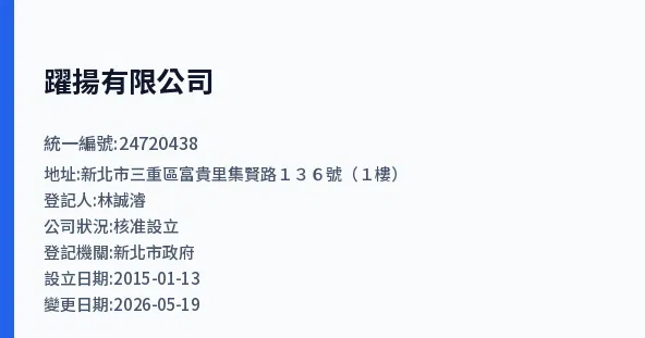 躍揚有限公司的照片-統編 24720438(新北市) 公司登記資料與營業項目詳細圖表