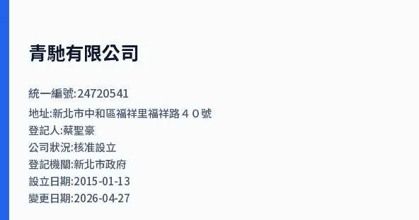 青馳有限公司的照片-統編 24720541(新北市) 公司登記資料與營業項目詳細圖表
