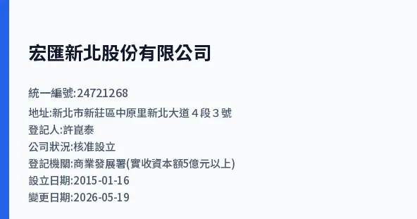 宏匯新北股份有限公司的照片-統編 24721268(新北市) 公司登記資料與營業項目詳細圖表