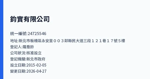 鈞實有限公司的照片-統編 24725546(新北市) 公司登記資料與營業項目詳細圖表
