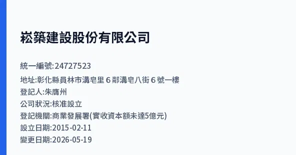 崧築建設股份有限公司的照片-統編 24727523(彰化縣) 公司登記資料與營業項目詳細圖表