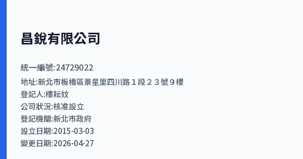 昌銳有限公司的照片-統編 24729022(新北市) 公司登記資料與營業項目詳細圖表