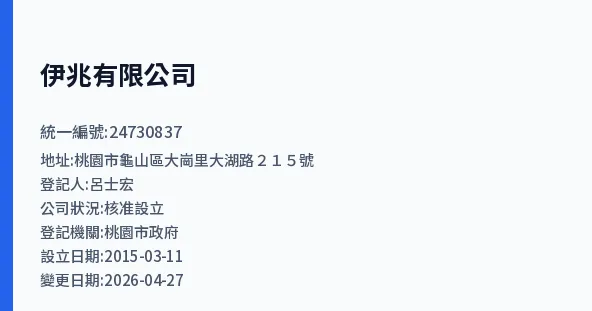 伊兆有限公司的照片-統編 24730837(桃園市) 公司登記資料與營業項目詳細圖表