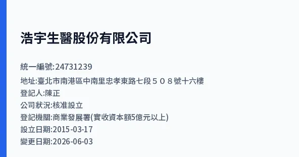 浩宇生醫股份有限公司的照片-統編 24731239(臺北市) 公司登記資料與營業項目詳細圖表