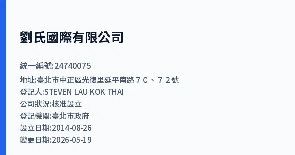 劉氏國際有限公司的照片-統編 24740075(臺北市) 公司登記資料與營業項目詳細圖表