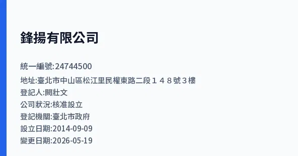 鋒揚有限公司的照片-統編 24744500(臺北市) 公司登記資料與營業項目詳細圖表