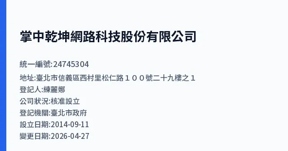 掌中乾坤網路科技股份有限公司的照片-統編 24745304(臺北市) 公司登記資料與營業項目詳細圖表