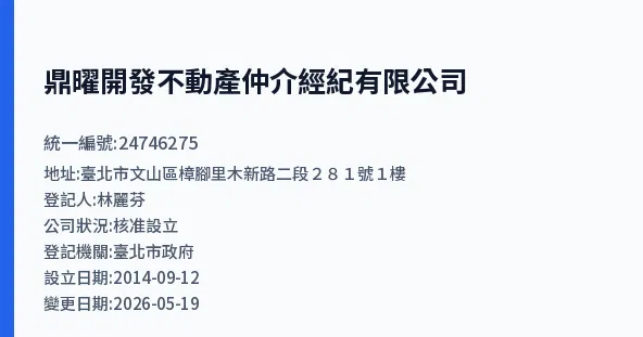 鼎曜開發不動產仲介經紀有限公司的照片-統編 24746275(臺北市) 公司登記資料與營業項目詳細圖表