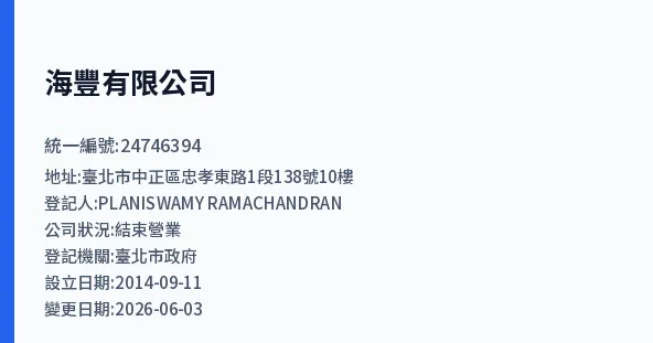 海豐有限公司的照片-統編 24746394(臺北市) 公司登記資料與營業項目詳細圖表