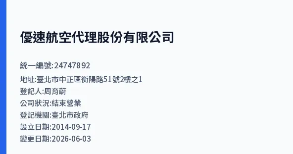 優速航空代理股份有限公司的照片-統編 24747892(臺北市) 公司登記資料與營業項目詳細圖表