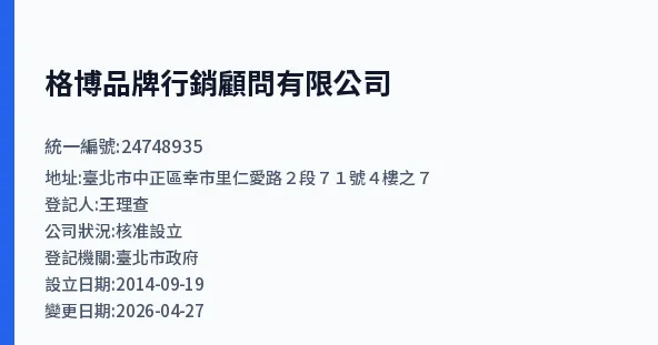 格博品牌行銷顧問有限公司的照片-統編 24748935(臺北市) 公司登記資料與營業項目詳細圖表