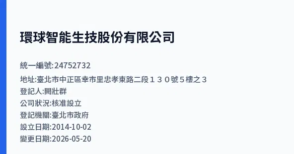 環球智能生技股份有限公司的照片-統編 24752732(臺北市) 公司登記資料與營業項目詳細圖表