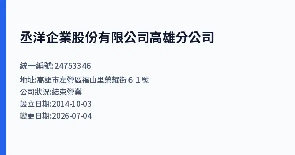 丞洋企業股份有限公司高雄分公司的照片-統編 24753346(高雄市) 公司登記資料與營業項目詳細圖表