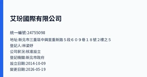 艾玢國際有限公司的照片-統編 24755098(新北市) 公司登記資料與營業項目詳細圖表