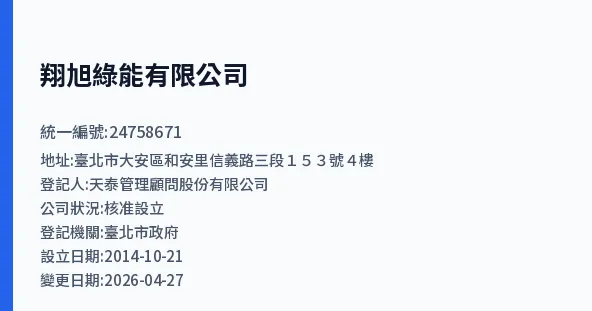 翔旭綠能有限公司的照片-統編 24758671(臺北市) 公司登記資料與營業項目詳細圖表