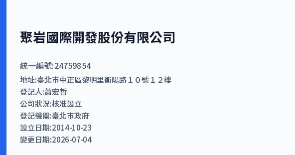 聚岩國際開發股份有限公司的照片-統編 24759854(臺北市) 公司登記資料與營業項目詳細圖表