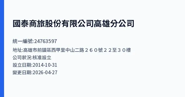 國泰商旅股份有限公司高雄分公司的照片-統編 24763597(高雄市) 公司登記資料與營業項目詳細圖表